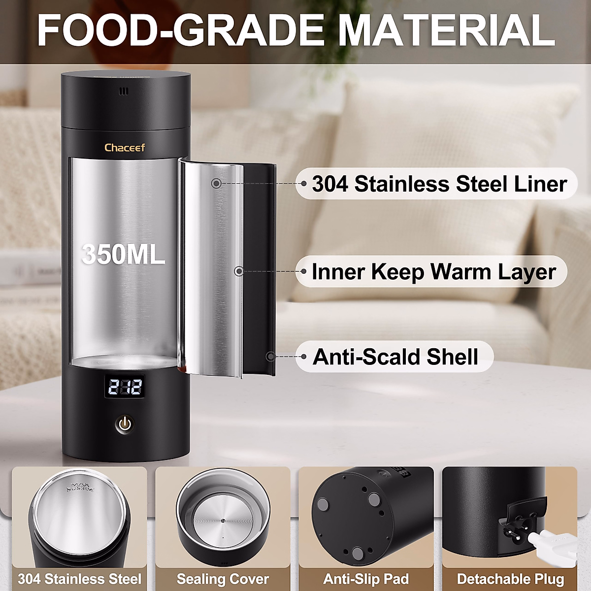 CHACEEF Travel Kettle Upgraded, Portable Electric Kettle, 350ml Small Electric Kettle with 5 Variable Presets, 304 Stainless Steel Mini Hot Water Boiler with Auto Shut-Off & Boil Dry Protection, Black