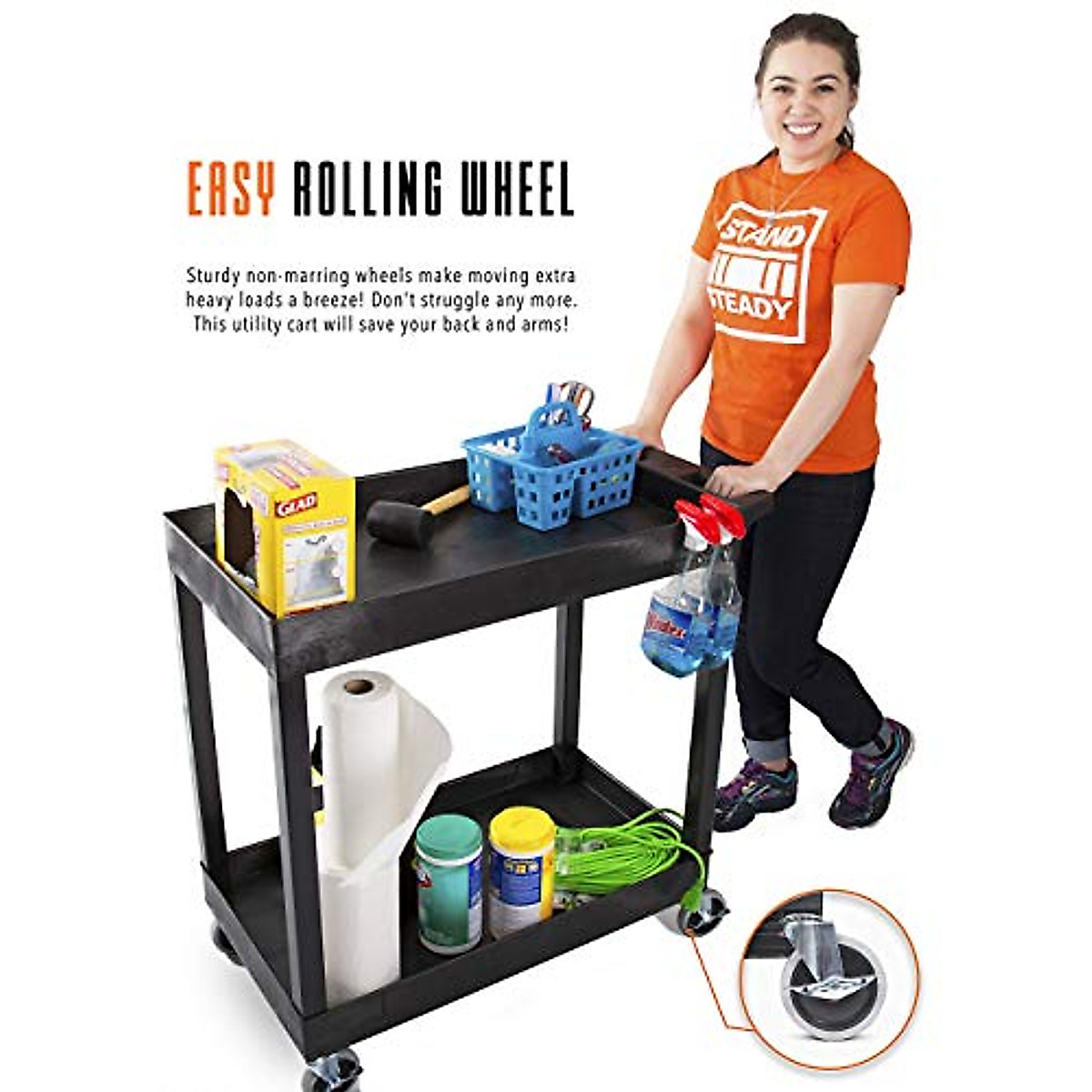 Stand Steady Original Tubstr 2 Shelf Utility Cart/Service Cart - Heavy Duty - Supports up to 400 lbs - Tub Carts w/Deep Shelves - Great for Warehouse, Garage, Cleaning and More! (32 x 18 / Black)