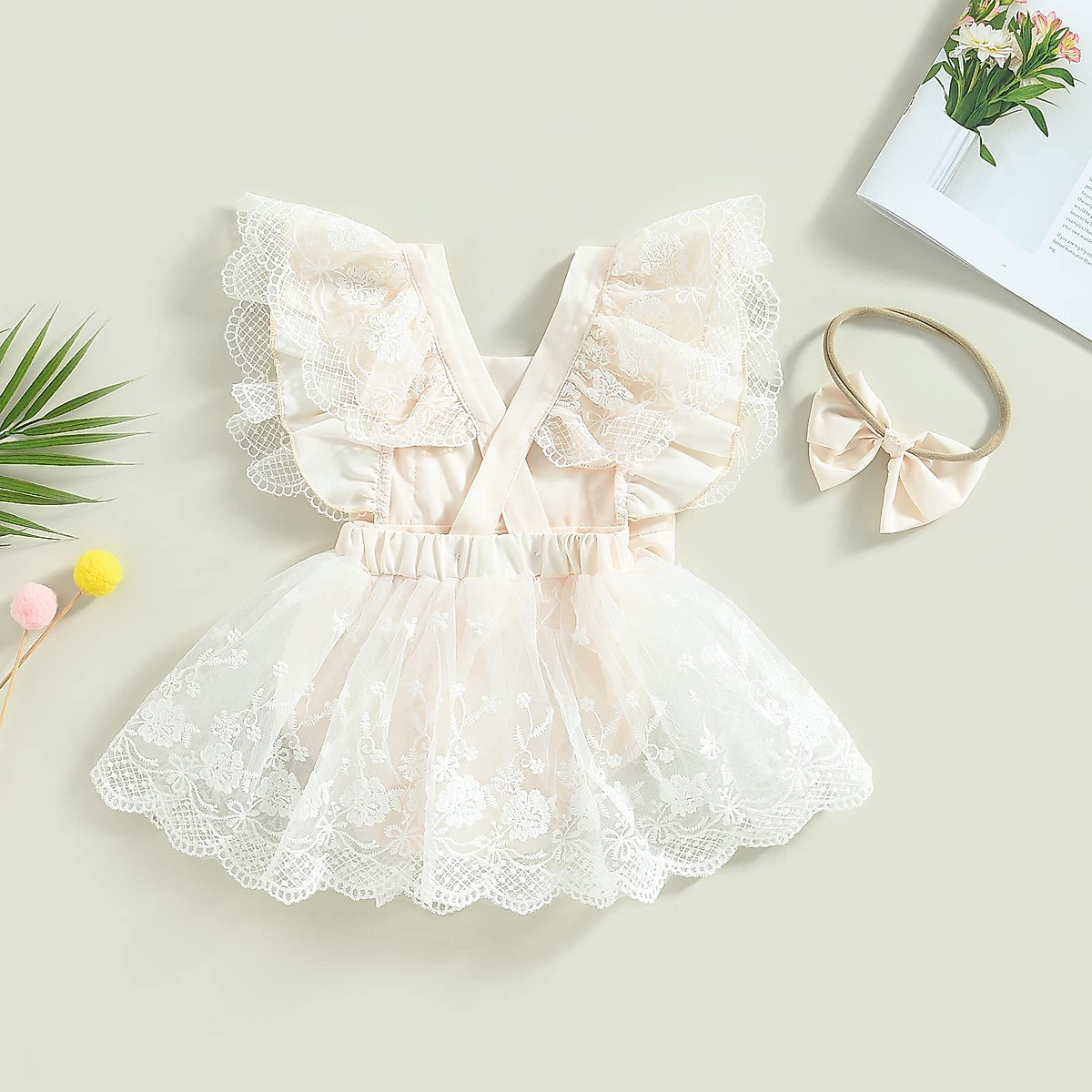 Kayotuas Newborn Infant Baby Girls Butterfly Sleeve Romper Clothes Ruffle Lace Bodysuit Tutu Dress Jumpsuit Princess Outfit (Apricot Bow Lace Romper,12-18 Months)