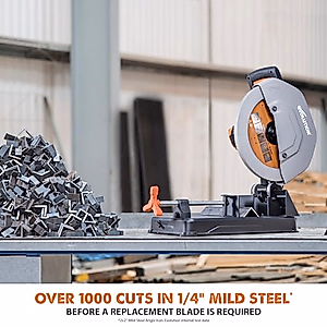 Evolution Power Tools R355CPS 14-Inch Chop Saw Multi Purpose, Multi-Material Cutting Cuts Metal, Plastic, Wood & More Miter Cut up to 45˚ Degrees TCT Blade Included