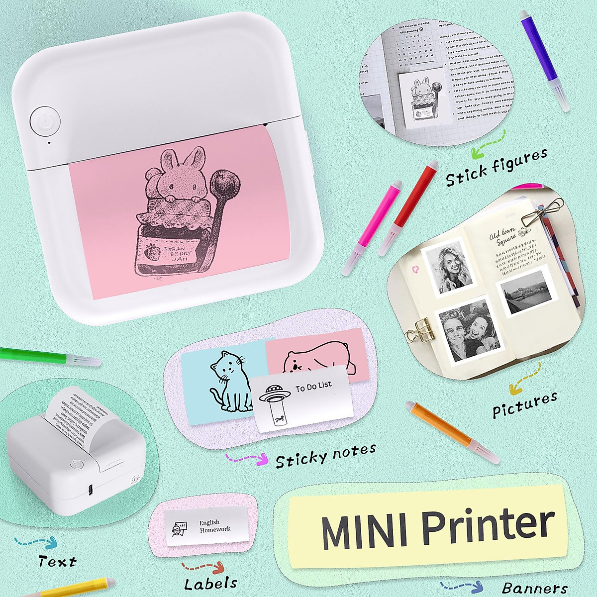 Netholid Mini Portable Printer with 14 Rolls Sticker Paper, Pocket Bluetooth Thermal Printer for Photo Travel Memo Scrapbook, Compatible with Phone (WhiteGreen, 1 Printer + 13 Roll Paper)