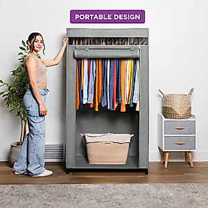 HOLDN’ STORAGE Portable Wardrobe Closet - Premium Metal Hanging Rod with Beige Cover- 65 Lb. Weight Capacity- Super Easy Assembly, No Tools Required (Dark Gray)