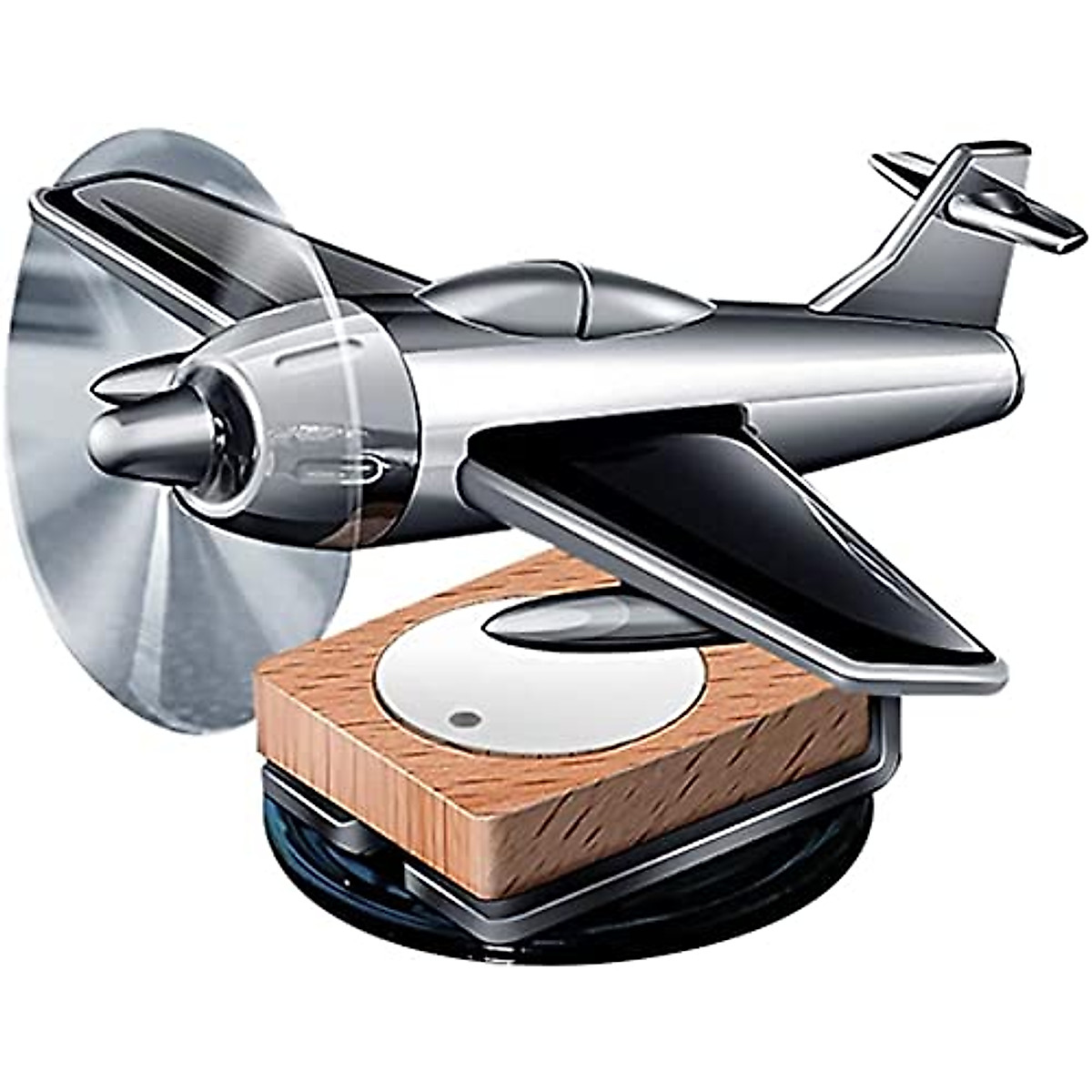 Homoyoyo Solar Airplane Car Diffuser, Wooden Base Fragrance Aromatherapy Diffuser, Alloy Solar Energy Rotate Airplane Ornaments for Car Office Home Decor