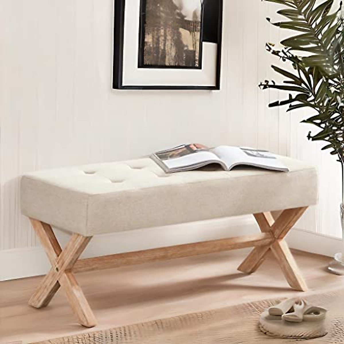 HUIMO 35-inch Entryway Bench, Upholstered End of Bed Bench for Living Room, Bedroom. Dinning Bench Seat with X-Shaped Legs for Kitchen, Solid Wood Indoor Bench for Foyer, Hallway (Beige)