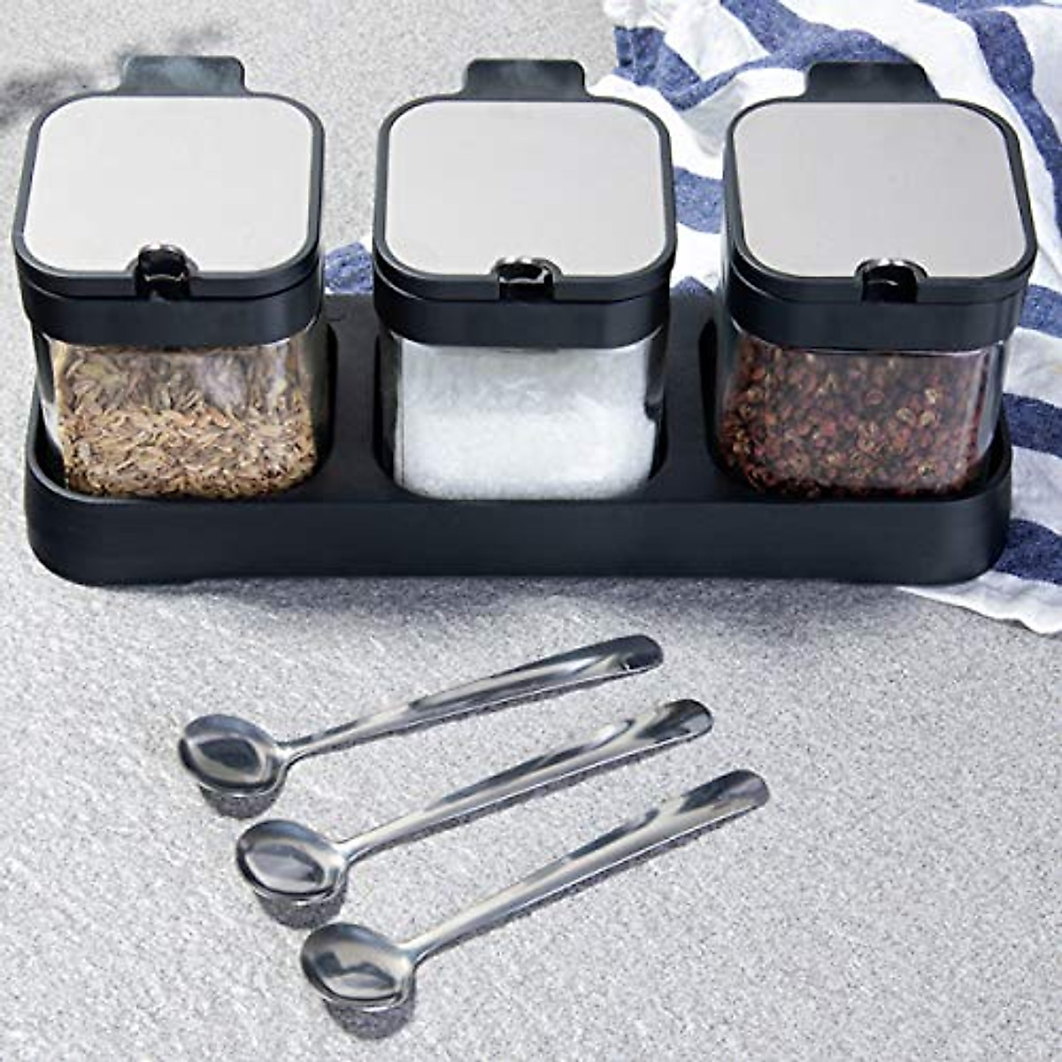 QAZSE Sugar Bowl with Lid and Spoon Glass Square 8 Ounce Clear Seasoning Jars Pepper Salt Spice Containers Gourmet Food Condiment Organizer with Base, Set of 3, Black