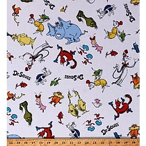Fields Cotton Dr. Seuss Characters Horton Hears a Who Cat in The Hat Gren Eggs and Ham Lorax Children's Books Celebrate Seuss! White Fabric Print by Yard (ADE-10790-204PRIMARY), 44 Inches