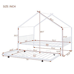 Merax Full Size Metal Floor House Bed Frame with Trundle for for Bedroom Dorm,Boys,Girls