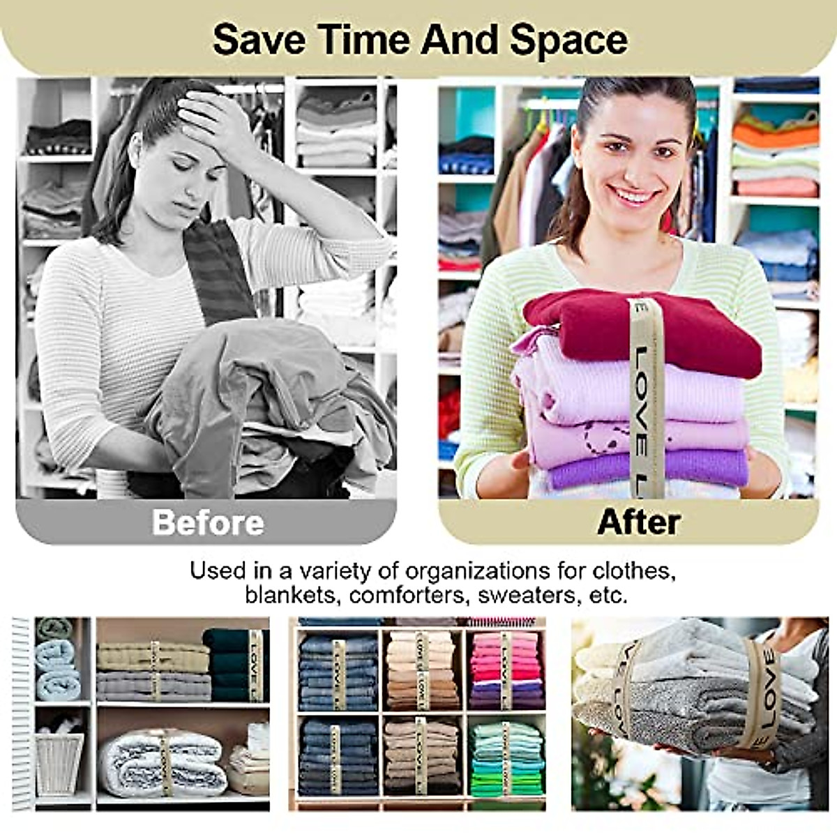 Upgraded Closet Organizer for Bed Sheets, Clothes Storage and Organization System for Linen Closet, Blanket Storage Band with Label, Wardrobe Space Saver for Bedding, Comforters, Sweater, Towel