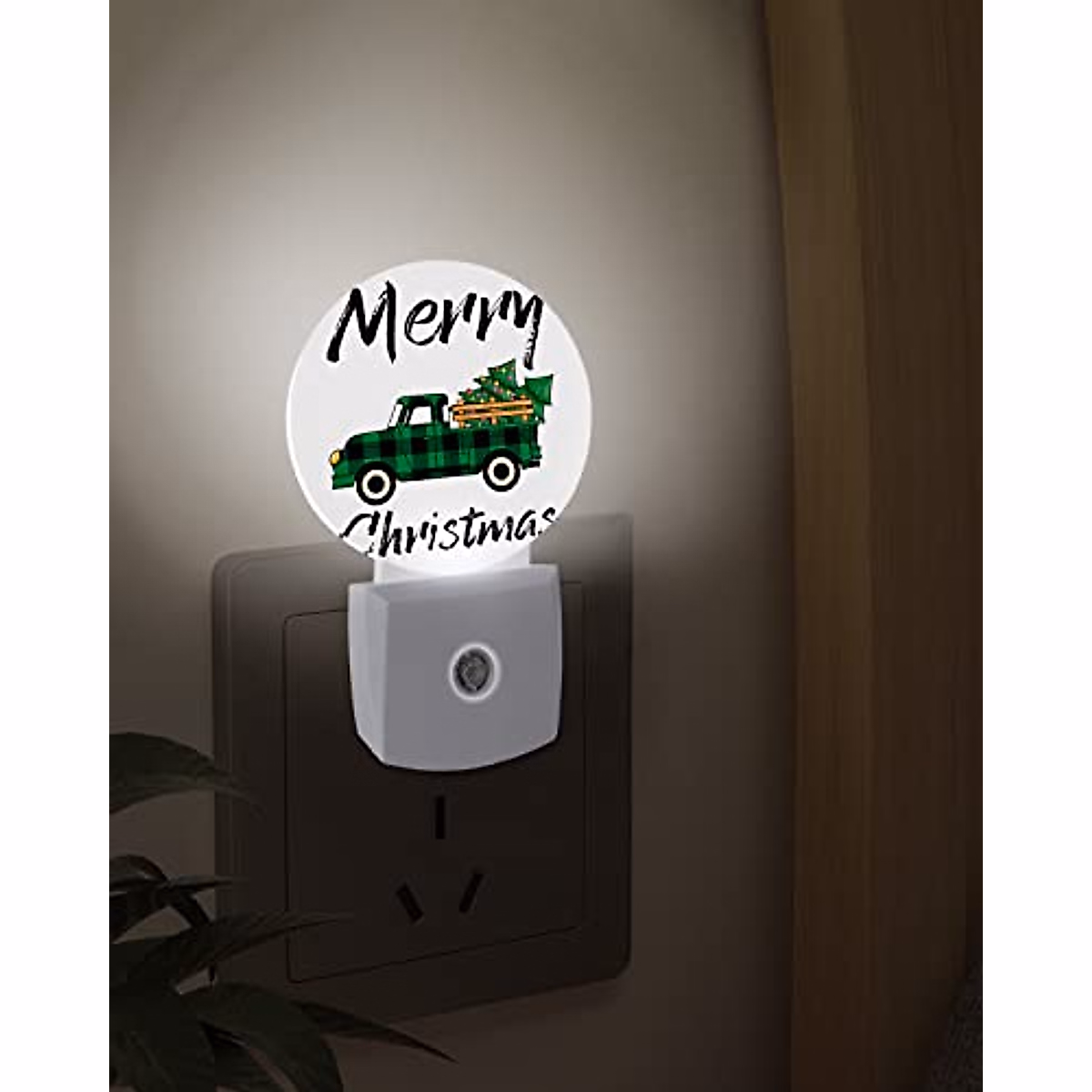 Merry Christmas Truck Night Lights Plug into Wall, Xmas Tree Green Auto Round LED Lights with Dusk to Dawn Sensor for Bedroom, Bathroom, Hallway, Kitchen, Kids, Home Decor