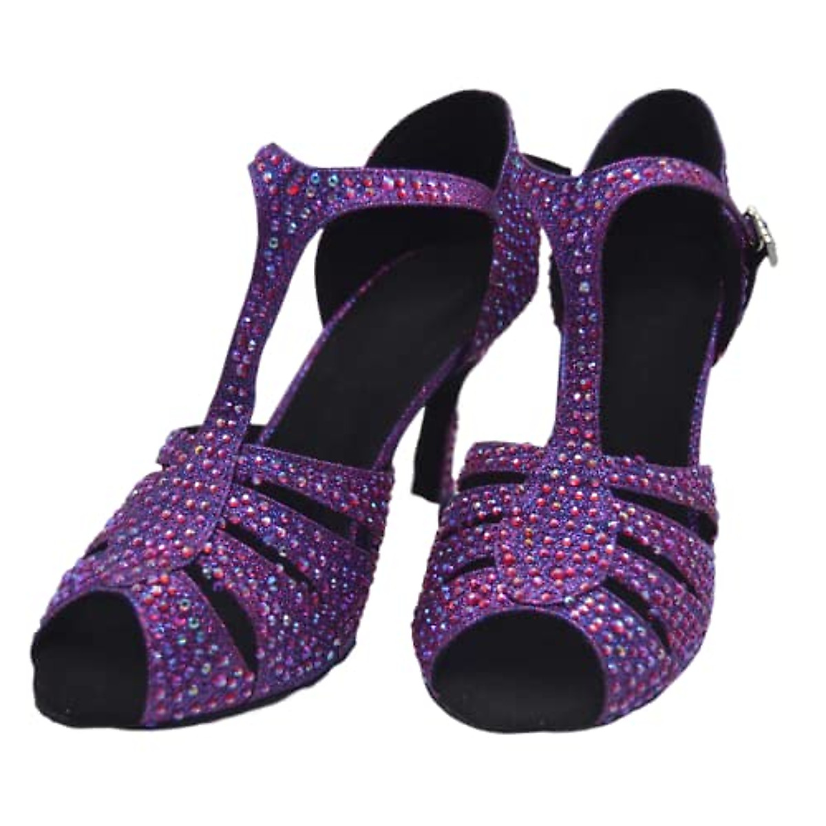 Womens Professional Rhinestones T-bar Latin Dancing Shoes Social Salsa Ballroom Tango Cha-Cha Wedding Dancing Shoes Custom Heel Purple US 8