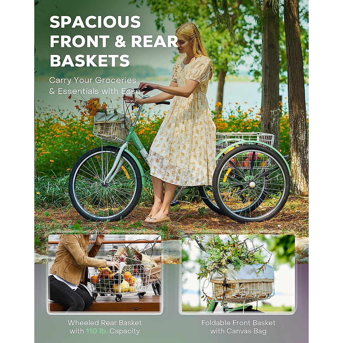 Viribus Adult Tricycle, 7 Speed Tricycle for Adults, 24 inch 3 Wheel Bikes for Adults with Baskets, Adult Trikes for Women Seniors Men, Three Wheel Tricycle for Dogs Beach, Cargo Tricycle, Mint