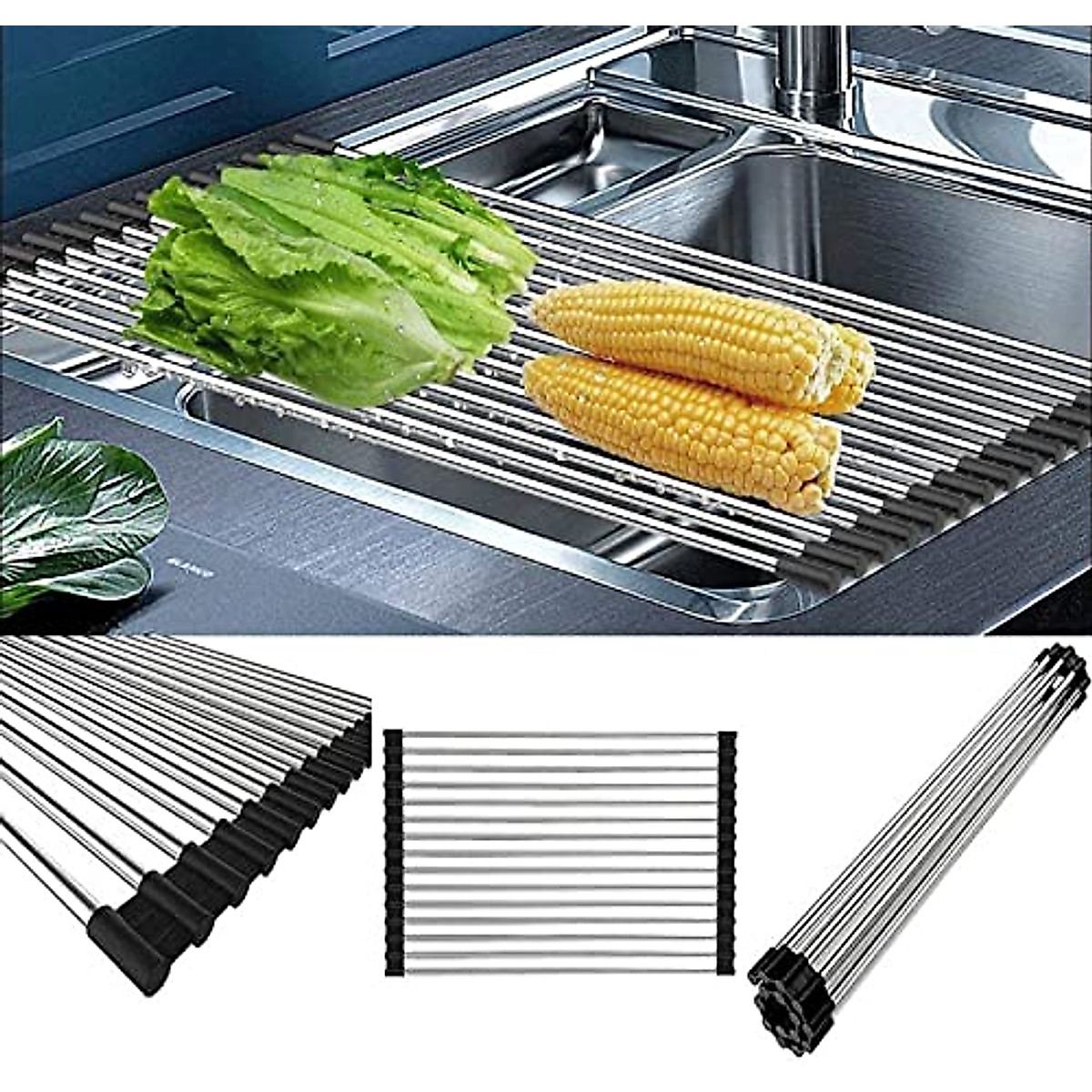 Roll up Dish Drying Rack Over The Sink Dish Drying Rack Portable Stainless Still Rolling Rack Folding Dish Drainer Sink Rack Mat Dish Drying Rack for Kitchen Sink Counter (17.8''LX11.2''W, Black)