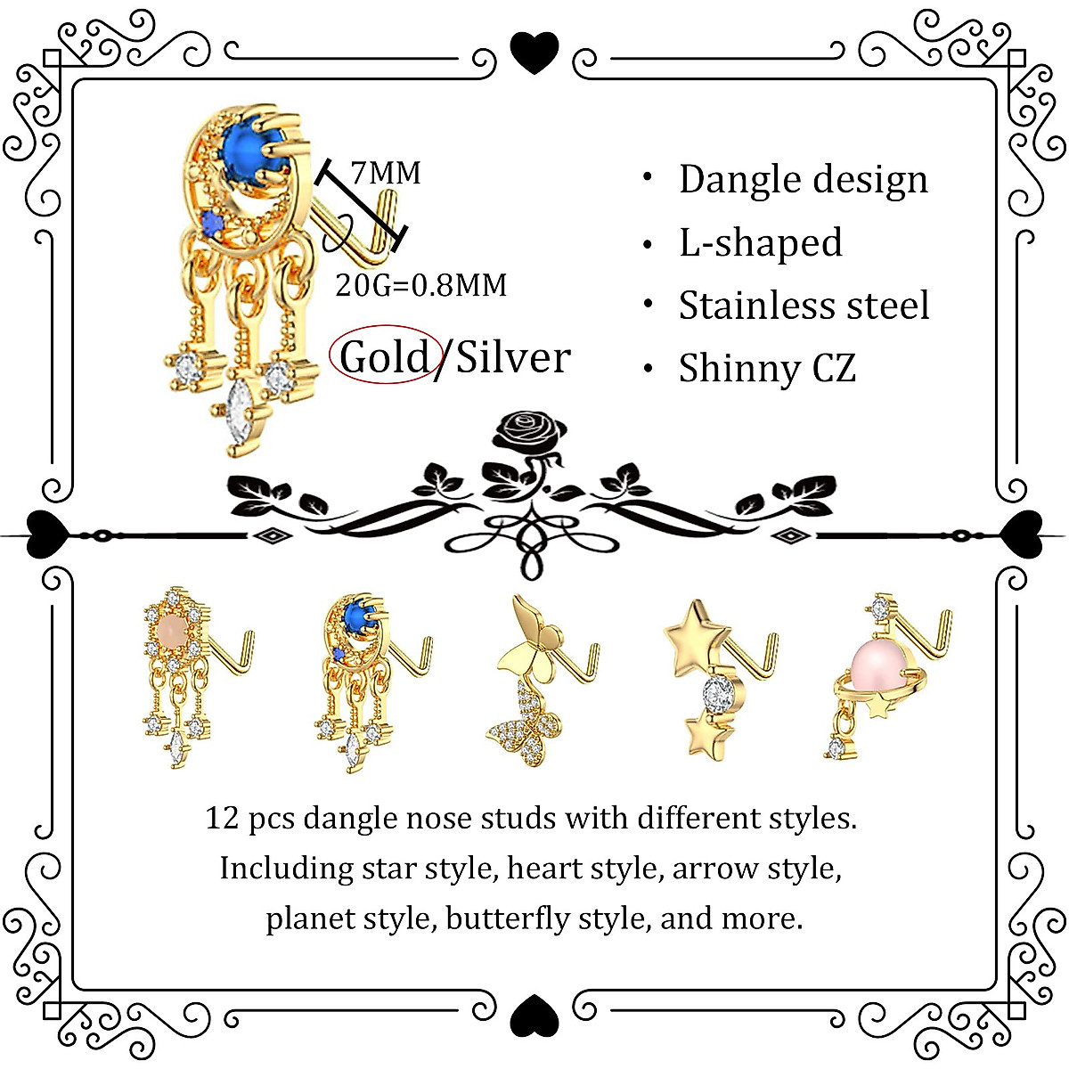 WAINIS 12pcs 20G Dangle Nose Rings Studs for Women Stainless Steel L Shaped Nose Studs Heart Arrow Feather Snowflake Wing CZ Dangling Nose Piercing Jewelry Gold