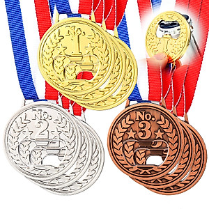 Medal Shaped Flat Bottle Opener Winner Award Metal Wine Beer Opener Gold Silver Copper Medal Olympic Trophy Opener with Neck Ribbon for Bar Bartender Men Kitchen Restaurant Party (9 Pieces)