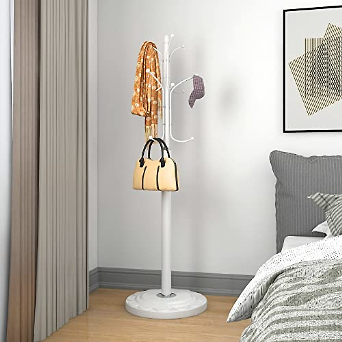 LASIEYO Coat Rack, Coat Rack freestanding With Disc Base, Standing Metal Coat Rack Stand Hat Hanger 12 Hooks, Easy Assembly for Coat Tree Hats Hanger Holder for Purse, Scarf Rack, Jacket (White)