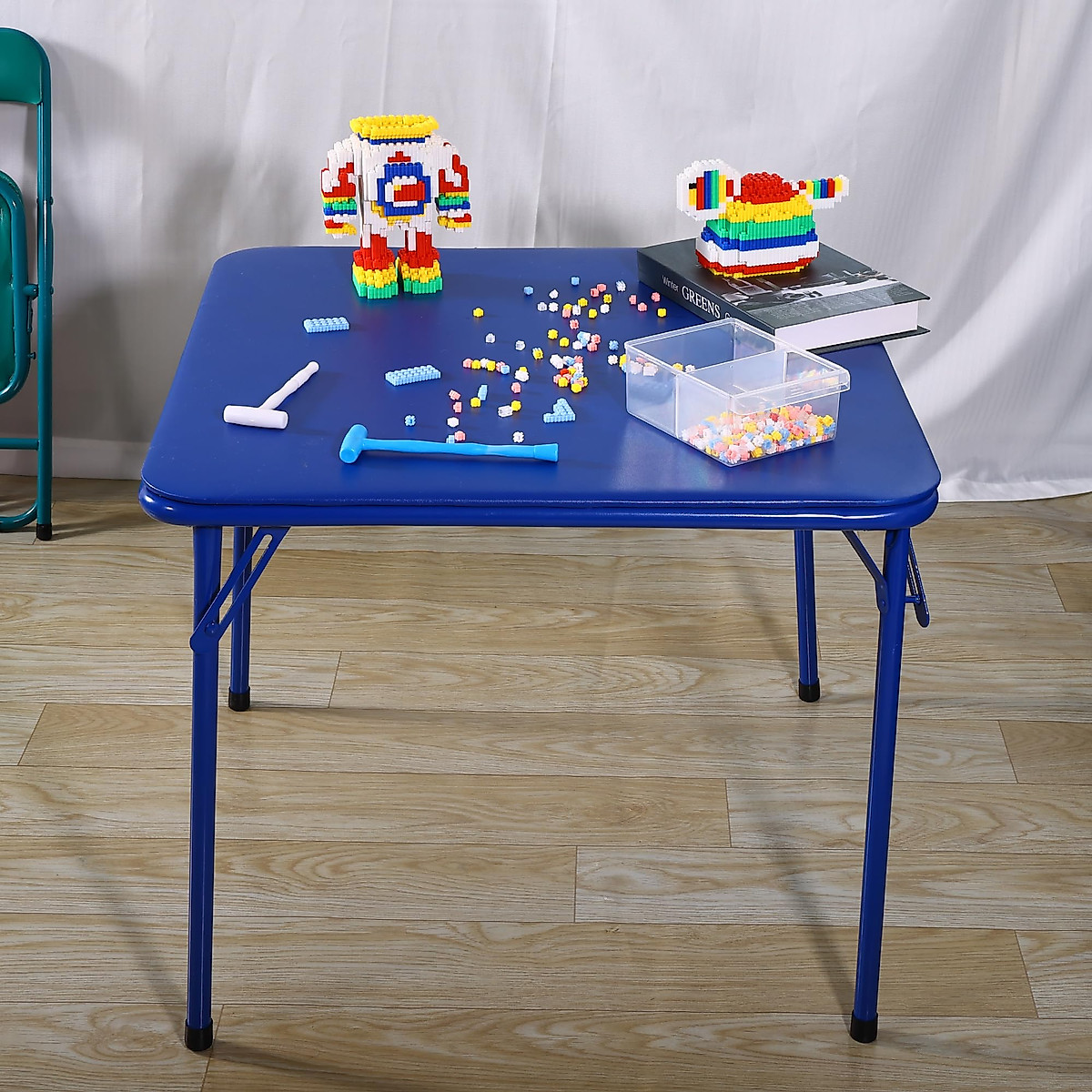 Peekabu Kids Folding Square Table Collapsible Legs Card Table with Padded Tabletop Small Foldable Toddler Activity Table for Indoor Outdoor, 23.5" W X 23.5" D X 20.5" H, Blue