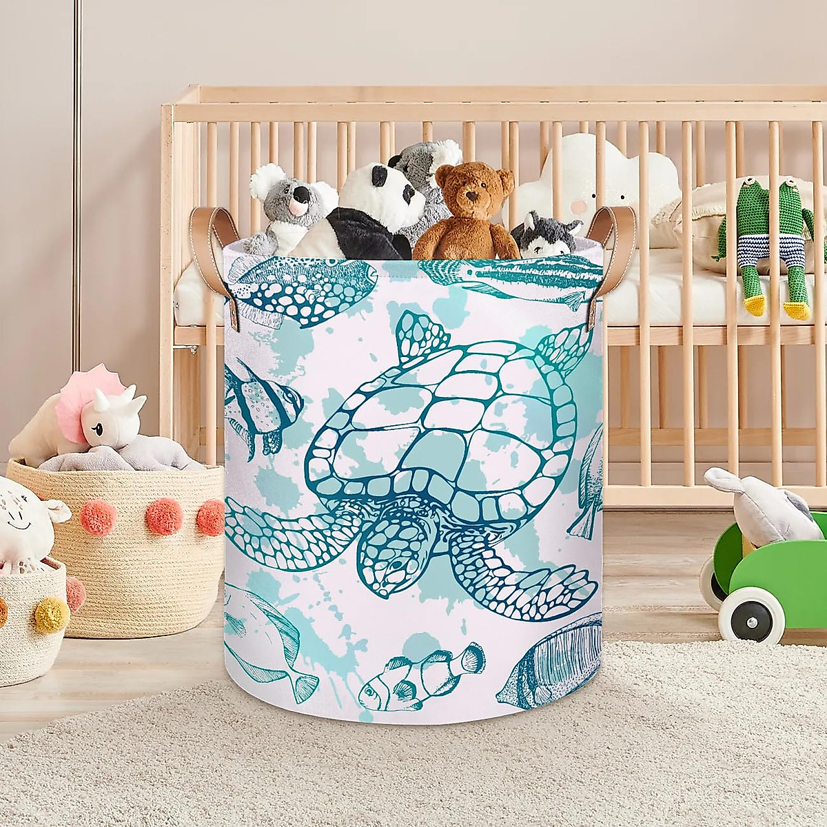 Large Laundry Hamper Basket Sea Turtle Ocean Theme Round Collapsible Storage Organizer Bin for Kids, Boys, Nursery, Closet, Bedroom, Playroom, Toys, Dirty Clothes, 16"W x 20"H