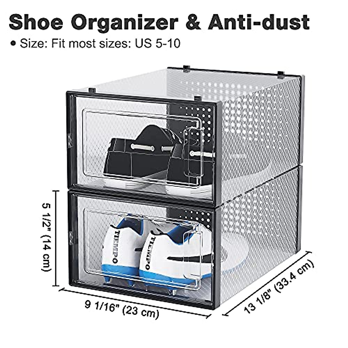 Yescom 18 Pack Shoe Storage Box Clear Shoe Organizer Bins for Closets Stackable Sneaker Container Foldable Home Closet Apartment Use Small Size Black