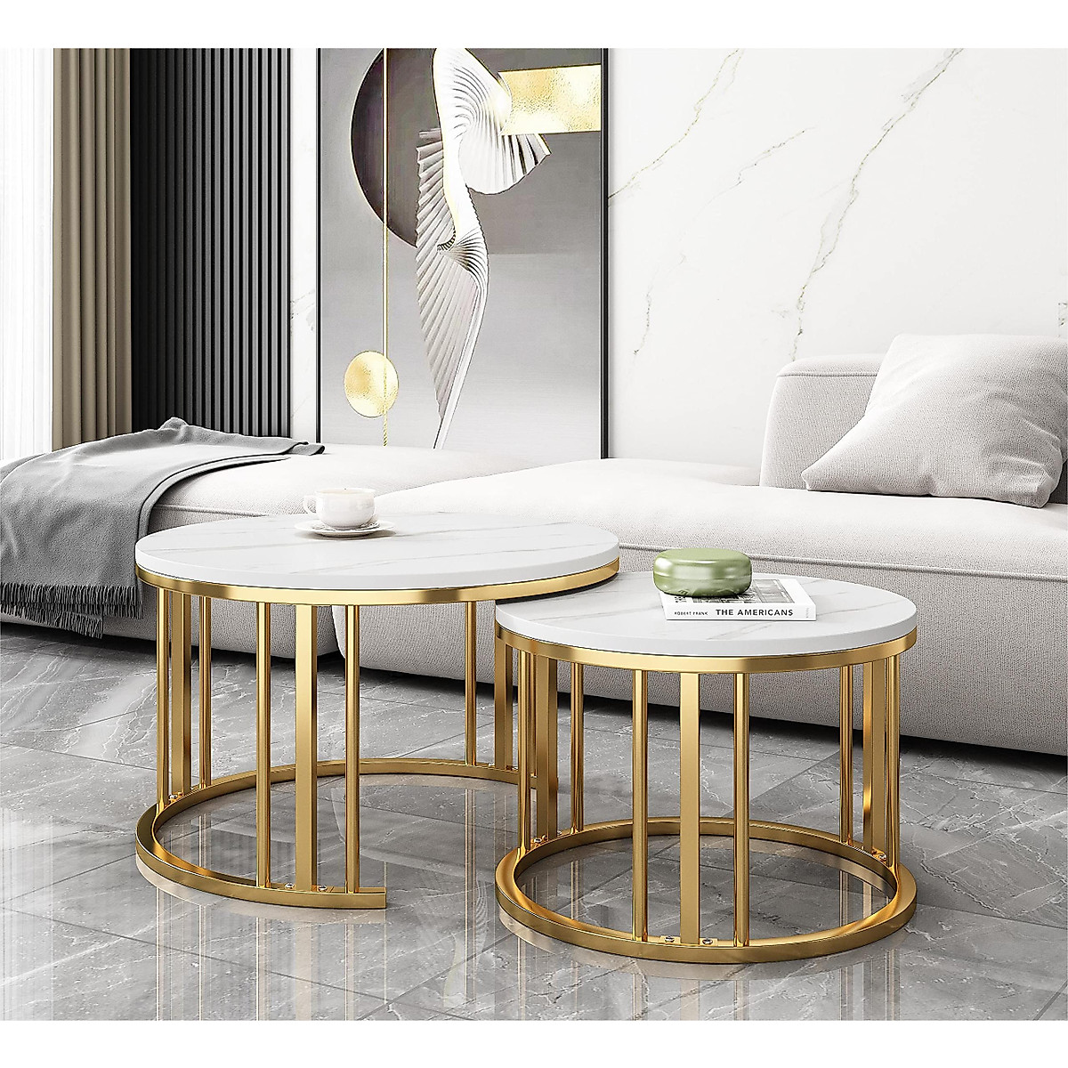 QLJJSD Round Nesting Coffee Table Set of 2 Modern Cocktail Table with Metal Frame for Living Room Small Spaces White and Gold(Desktop Size 28"+20")