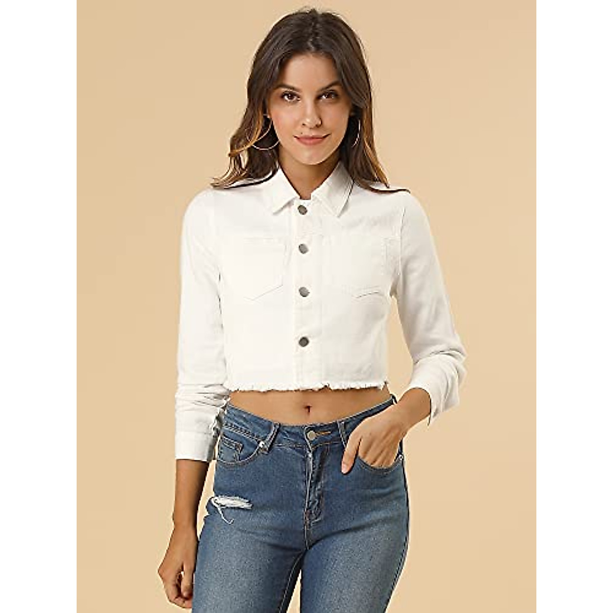 Allegra K Women's Jean Jacket Frayed Button Up Washed Cropped Denim Jacket Medium White