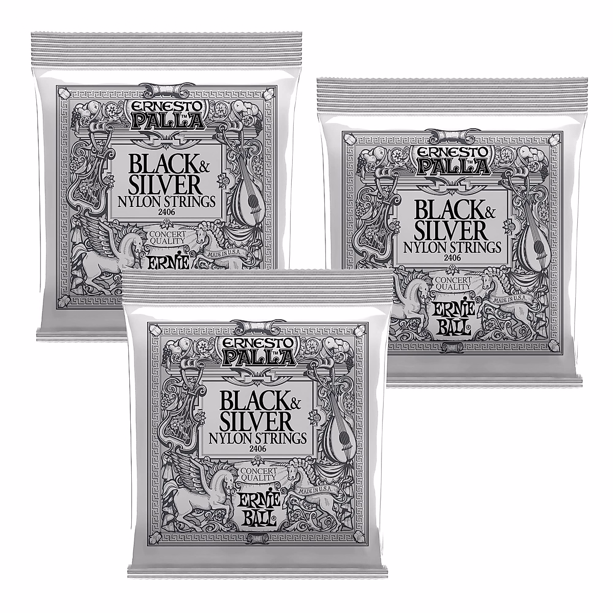 3 PACK Ernie Ball P02406 Ernesto Palla Nylon Black and Silver Classical Tie On Set