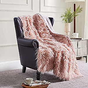BYTIDE Mongolian Long Hair Faux Fur Plush Throw Blankets with Micromink Back, Soft Luxury Furry Fuzzy Shaggy Throw for Couch Sofa Chair Bed Cover Bedroom Living Room Home Décor, 50 x 60 Inches, Pink