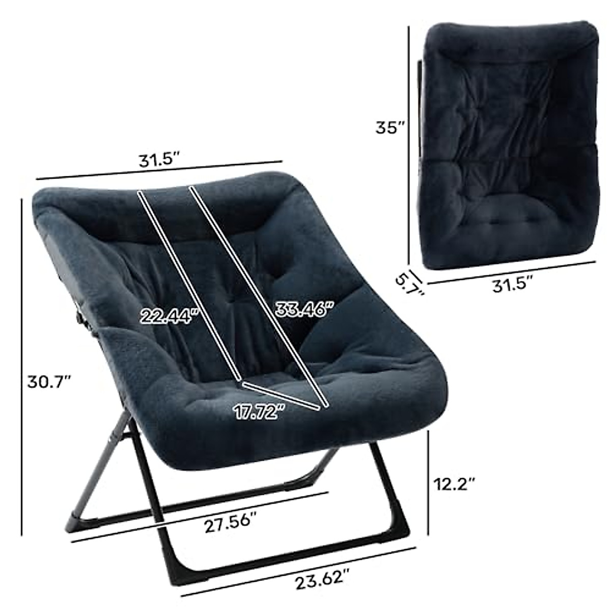 HollyHOME X-Large Saucer Chair, Comfy Oversized Folding Chair, Faux-Fur Reading Chair for Teens, Adults, Foldable Accent Lazy Chair, Metal Frame Lounge Chair for Living Room, Bedroom, Dorm, Navy Blue