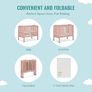 Dream On Me 2-in-1 Portable Folding Stationary Side Crib in Dusty Pink, Greenguard Gold Certified, Two Adjustable Mattress Height Positions,Made of Solid Pinewood, Flat Folding Crib