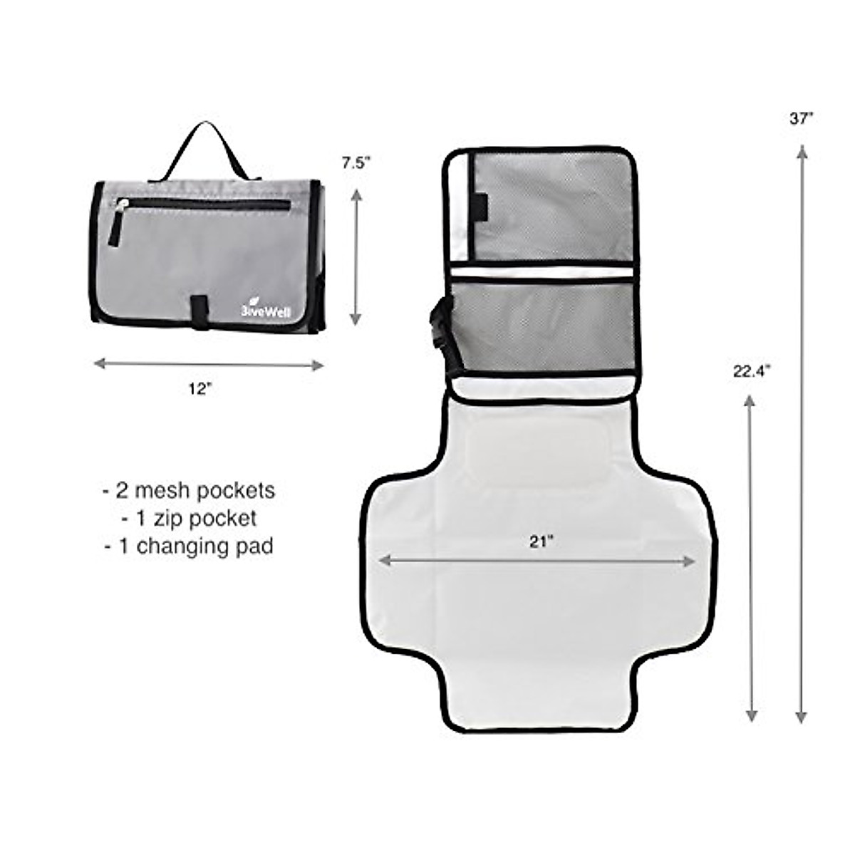 Portable Changing Pad Station for Newborn Baby Infant Diaper Mat Waterproof Compact Wristlet Clutch Holds Wipes & Diapers On The Go Travel Kit for Mom Dad in Grey by 3iveWell