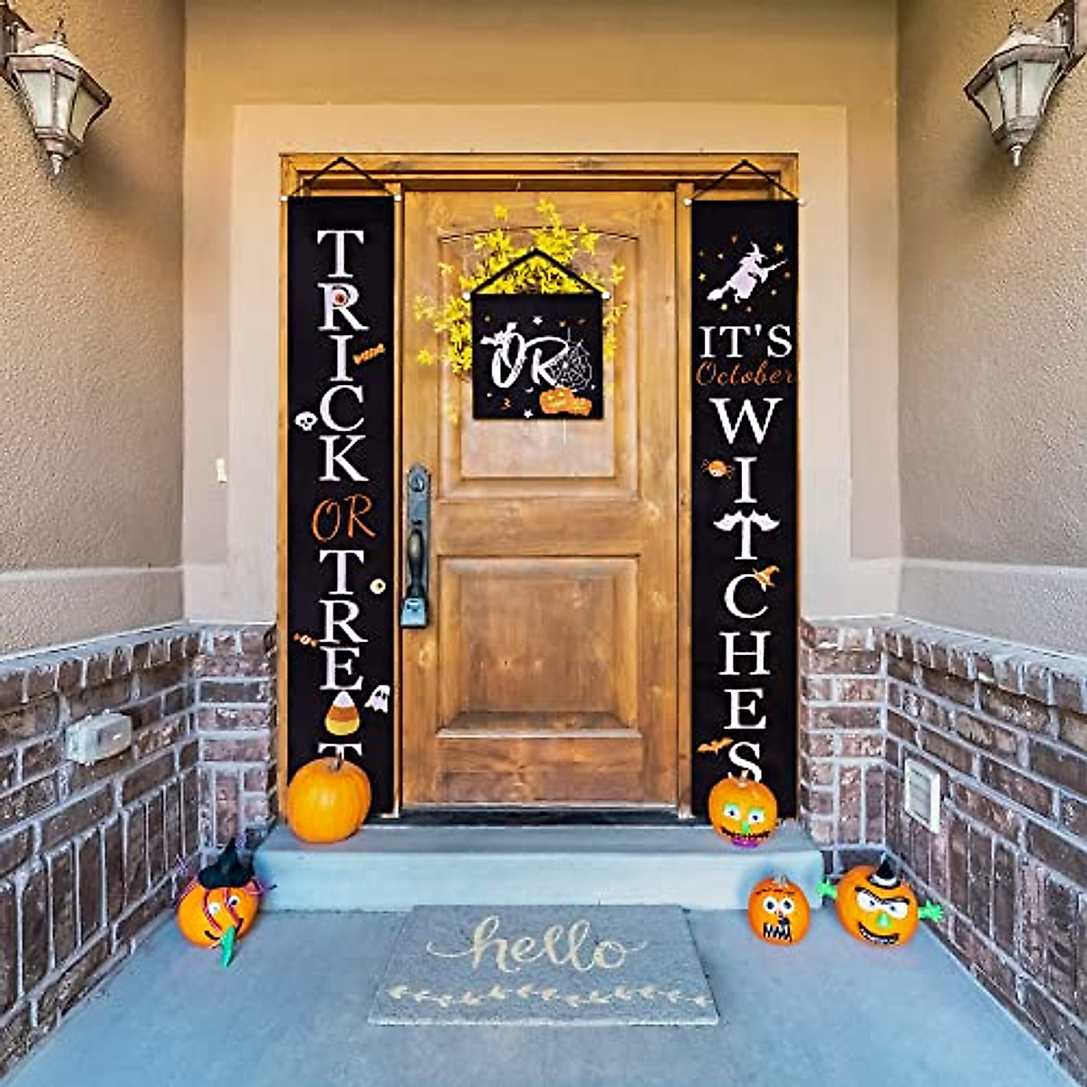 3 Pieces Thanksgiving Reversible Banner Happy Fall Harvest and Halloween Trick or Treat Witches Banner Thanksgiving Halloween Day Porch Sign Hanging Sign for Fall Decorations Outdoor (Black)