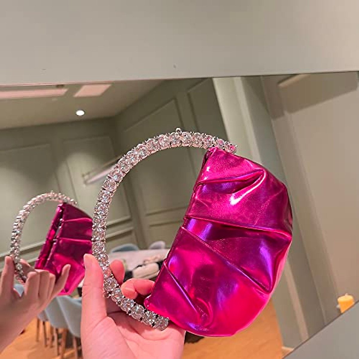 HEYCUE Mini Glitter Diamond Handle Handbag Circular Evening Crossbody bag Sparkly Bride Wedding Party Prom Purses For Women(rose pink)