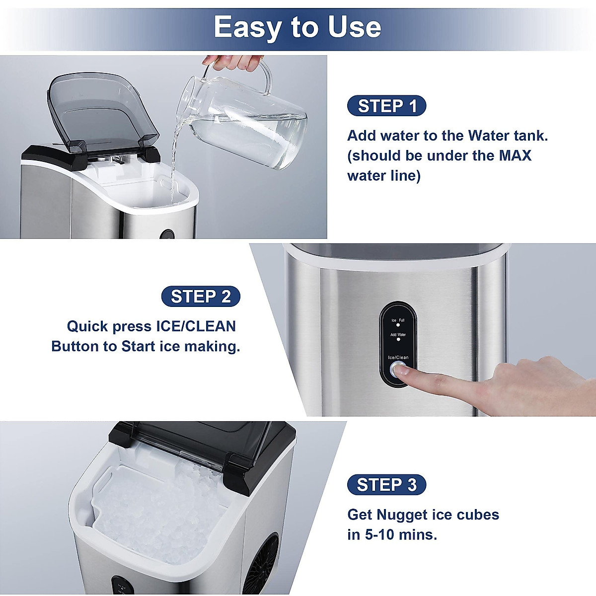 HUMHOLD Nugget Ice Maker Countertop, 33Lbs Chewable Pebble Ice Per Day, Auto Self Cleaning, Crunchy Pellet Ice Cubes Maker Machine, Portable Compact Design for RV/Home/Kitchen/Office