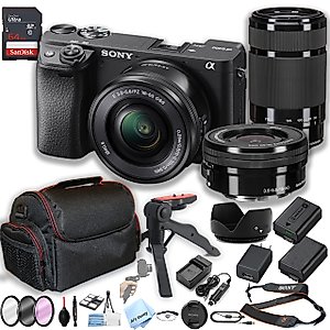 Sony a6400 Mirrorless Camera with16-50mm & 55-210mm Zoom Lenses + 64GB Memory + Case+ Steady Grip Pod + Filters + 2X Batteries + More (34pc Bundle) (Renewed)