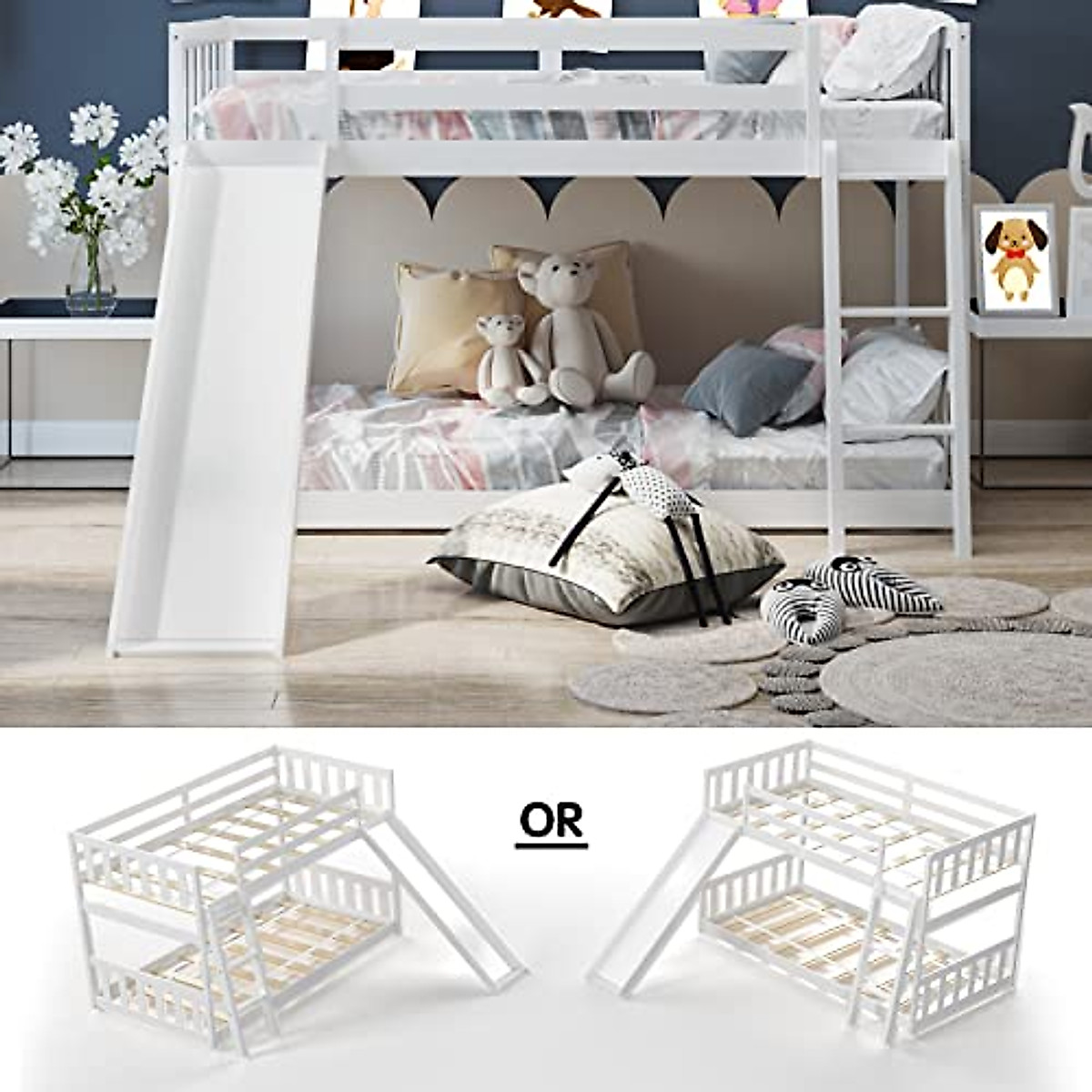 GORELAX Twin Over Twin Size Bunk Bed with Slide, Loft Low Bunk Beds, Wood Floor Bed Frame with Ladder & Guardrail, No Box Spring Needed, Space-Saving Modern Bunk Bed for Kids, Adults (White)