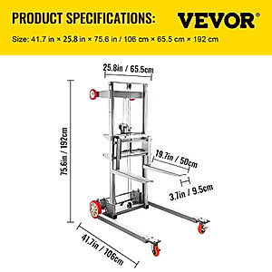 VEVOR Manual Winch Stacker, 41.7"L x 25.8"W Hand Winch Lift Trucks w/ 8.7" – 106.3" Height Range, with 441 lbs Capacity and Adjustable Straddle, Material Lifts for Warehouse and Factory