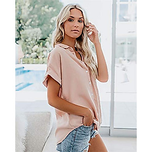 Andongnywell Womens Short Sleeve Button Down Shirts Simple Pullover Stretch Formal Casual Shirt Blouse (Green,3,Large)