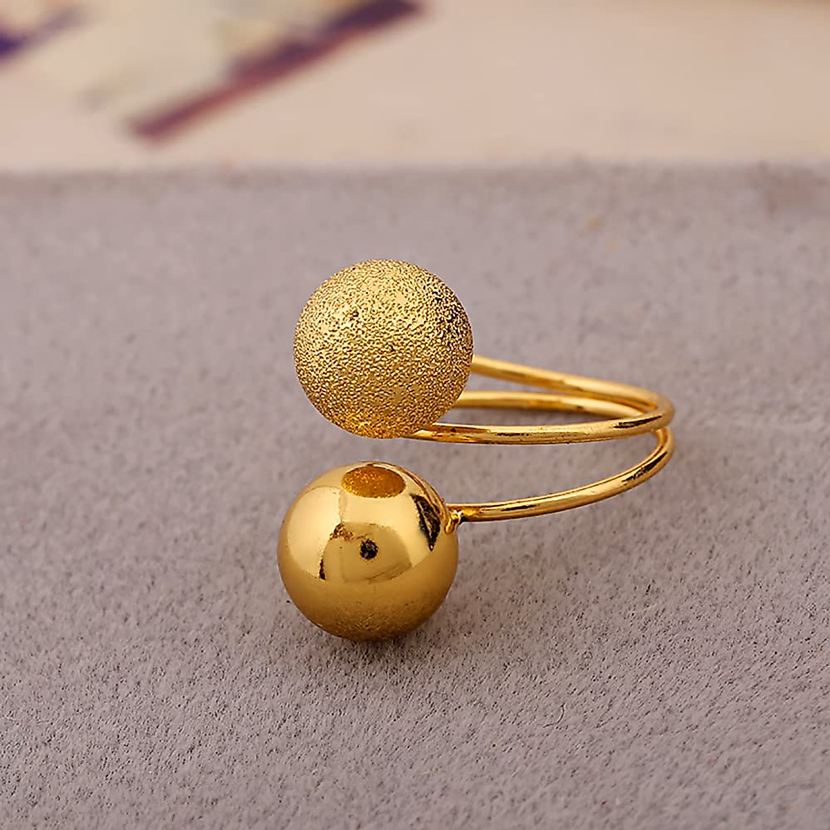 Minimalist Double Ball Bead Open Band Ring for Women Gold Plated Spinning Statement Expandable Adjustable Layered Finger Rings Comfort Fit Fashion Geometrical Unique Holiday Birthday Jewelry Gift