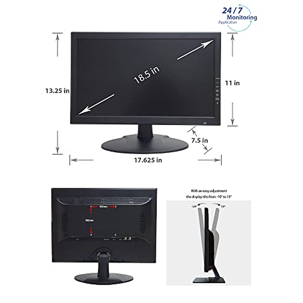 101AV 18.5" Professional LED Security Monitor HDMI VGA & BNC Input Audio Video Display Computer PC Monitor w/Speaker for CCTV DVR Office & Home Security Camera System Surveillance Optional Wall Mount