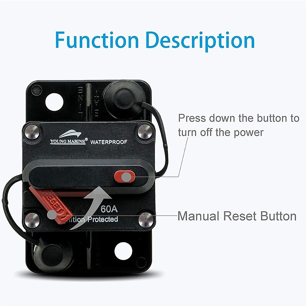 Young Marine Circuit Breaker for Boat Trolling with Manual Reset,Water Proof,12V- 48V DC (Surface Mount-90A)