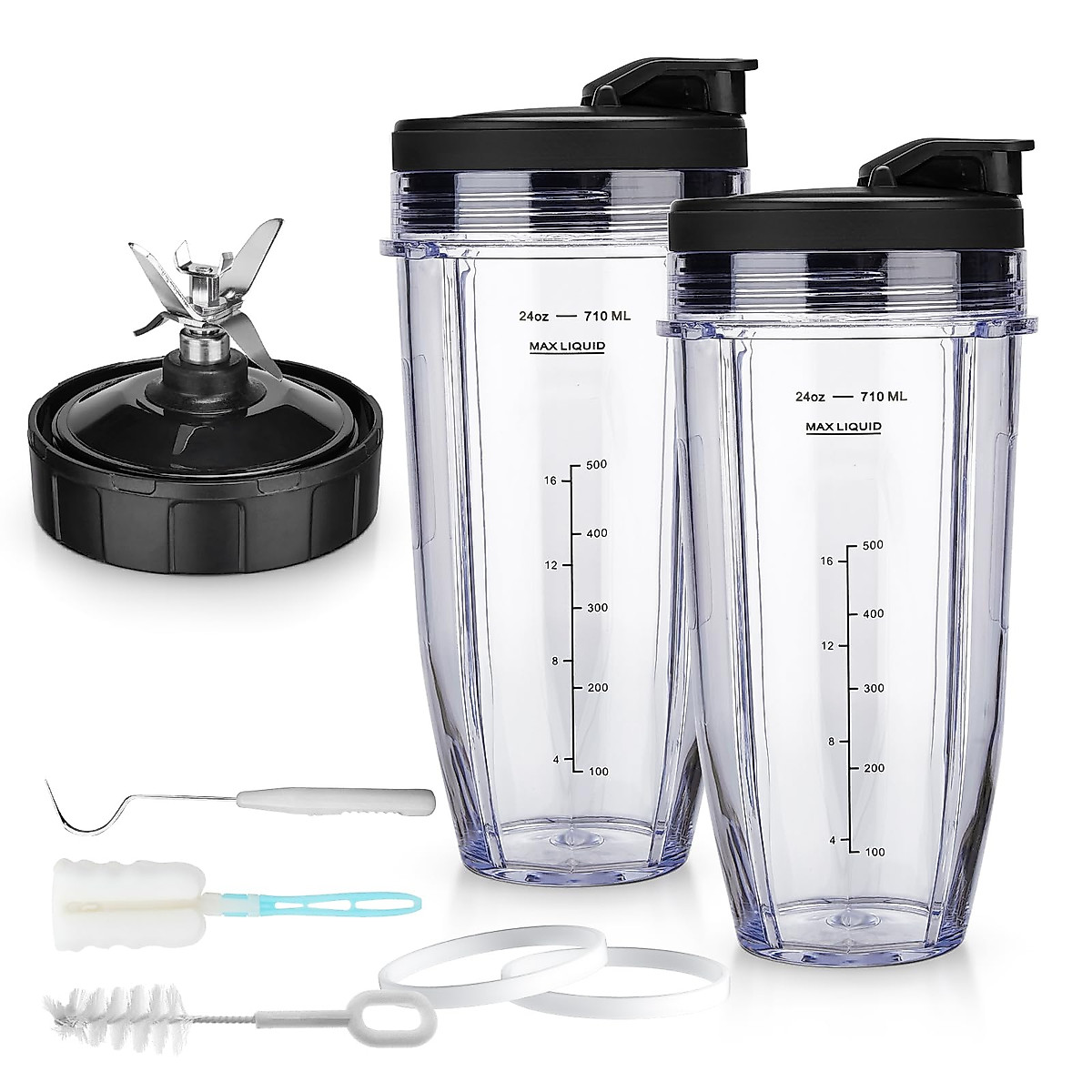 Revorit Blender Replacement Parts for Ninja, 2 24oz Cups with To-Go Lids, 7 Fins Extractor Blade, for Nutri Ninja Auto iQ BN801 BL480-30 BL640-30 BL642-30 NN100-30 BL2012 (2 Pack)