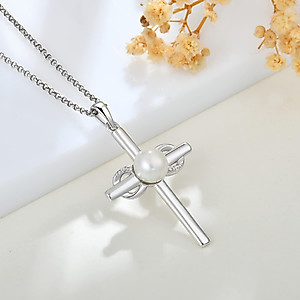 JO WISDOM Women Pearl Necklace,925 Sterling Silver Cubic Zirconia Infinity Cross Crucifix Pearl Pendant Necklace with 7mm Freshwater Cultured Pearl