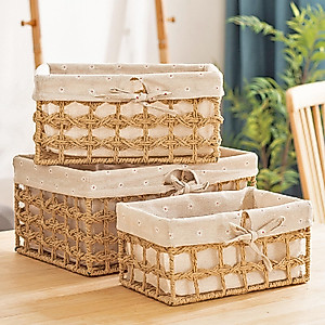 GIB Wicker Storage Baskets Set of 3, Hand-Woven Paper Rope Decorative Rectangular Small Wicker Baskets for Organizing, Cube Storage Bins for Shelves, Natural