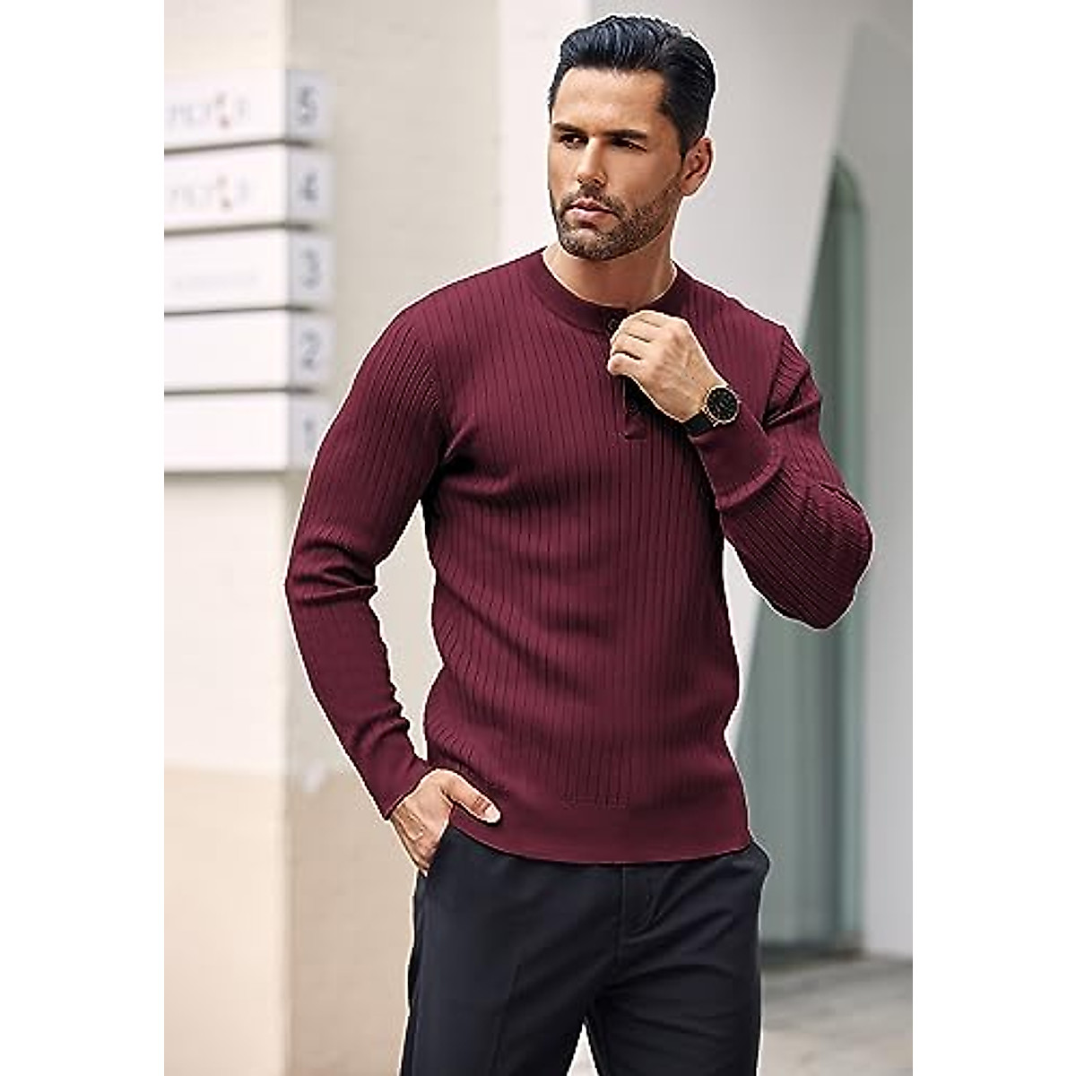 COOFANDY Men's Henley Sweaters Lightweight Casual Knit Sweaters Ribbed Crewneck Pullover Long Sleeve Tops Wine Red