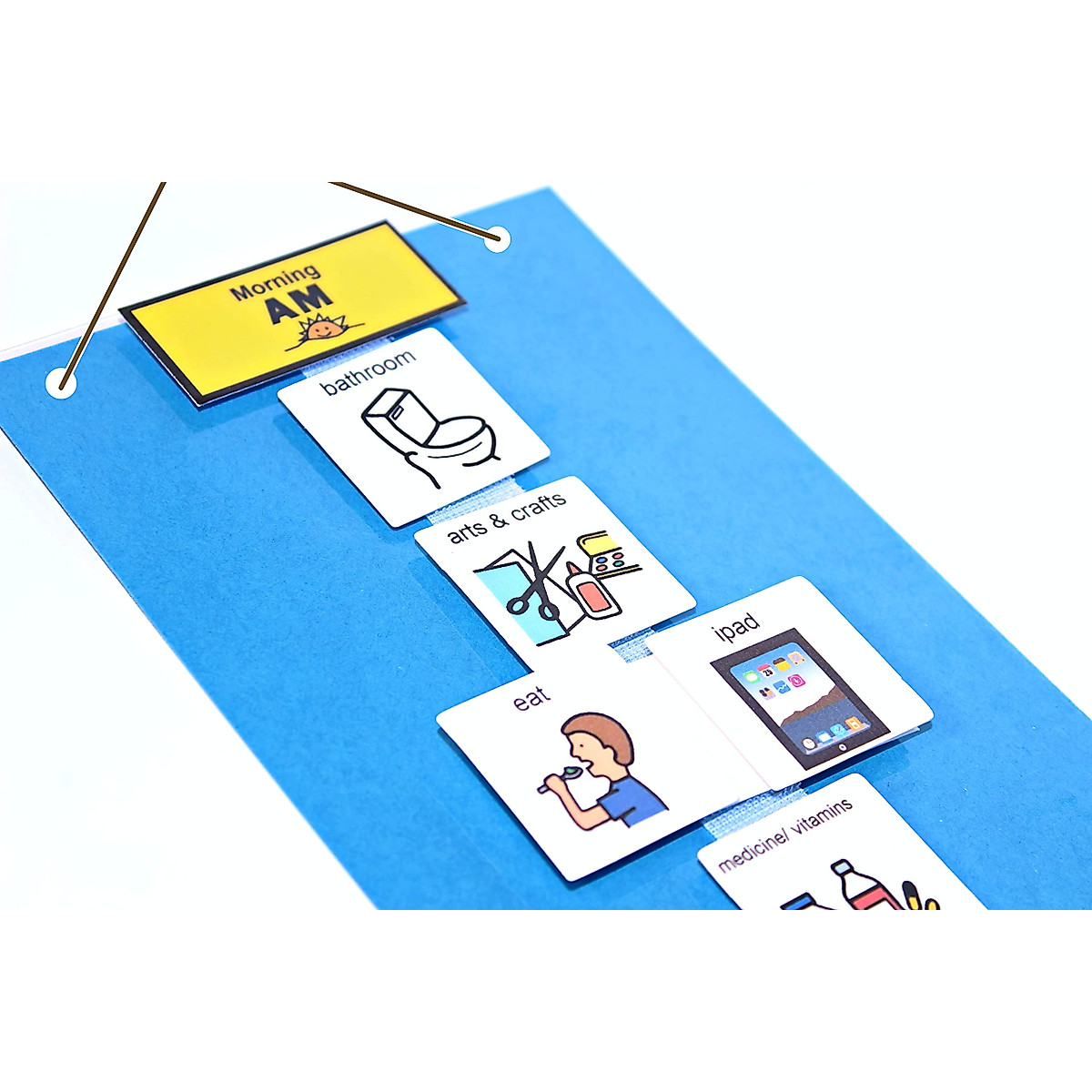 Kids Plastic or Laminated Visual Schedule Calendar Chart for Home, School, Centers, Photo Cards: Chores, Reinforcers, School, Behavior (One Strip Blue Schedule, Laminated/Cartoon 60 Home Cards)