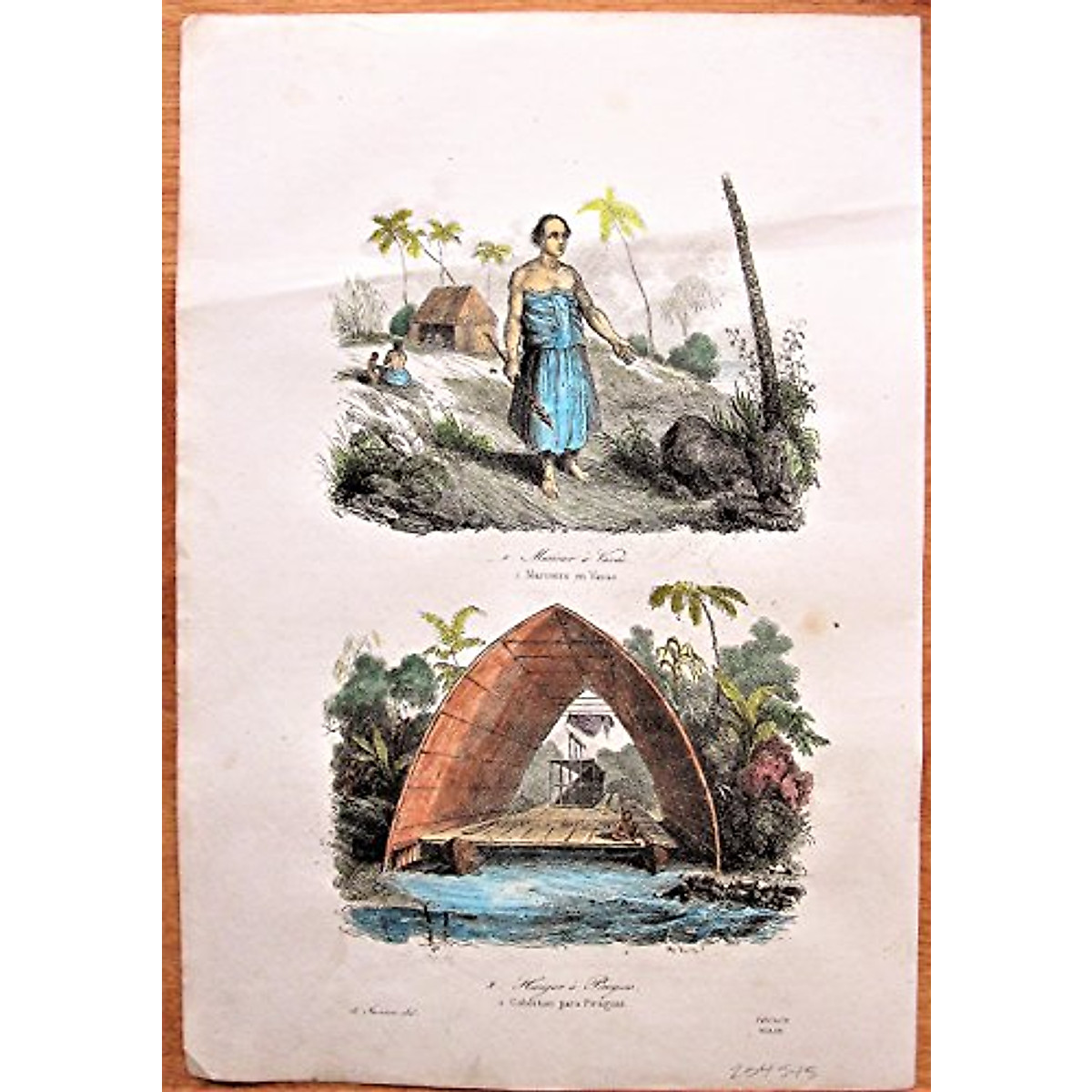 Antique Copperplate Engraving: A Sailor in Vavas and Boat House for Canoes