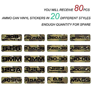 Aolamegs Ammo Can Vinyl Sticker Set, Caliber Decal Labels for Ammo Cans(80 Pack/20 Varieties camo Green)