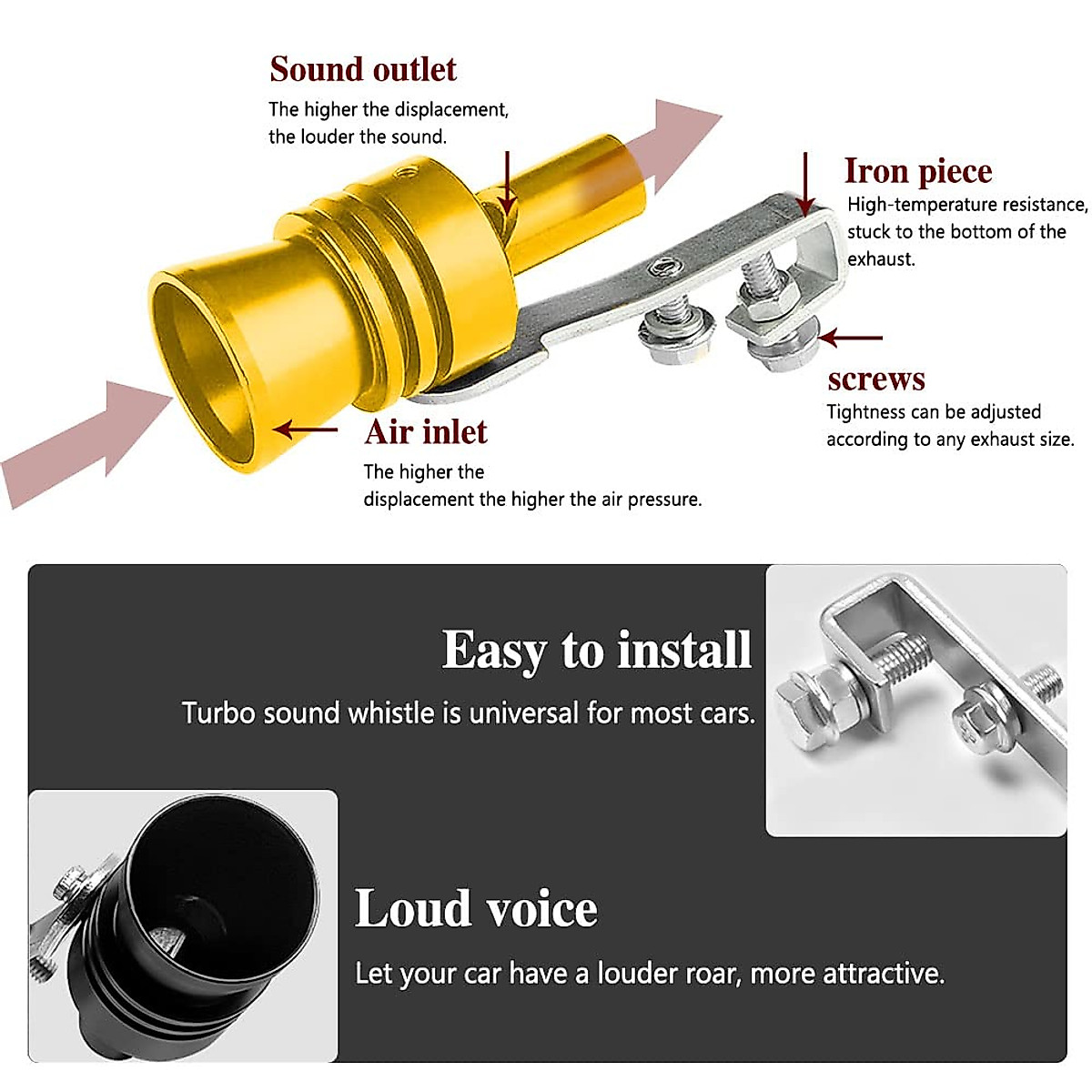 2PCS Car Turbo Whistle, Aluminum Alloy Universal Turbo Whistle, XL Size Aluminum Alloy Universal Turbo Sound Exhaust Muffler Pipe Whistle Car Roar Make (Gold)