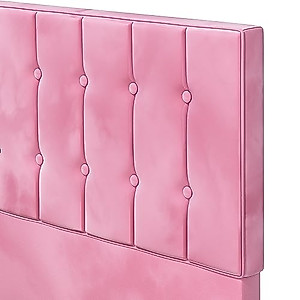 LIKIMIO Full Bed Frames, Velvet Upholstered Platform Bed Frame with Headboard and Strong Wooden Slats, No Box Spring Needed/Noise-Free/Easy Assembly, Pink