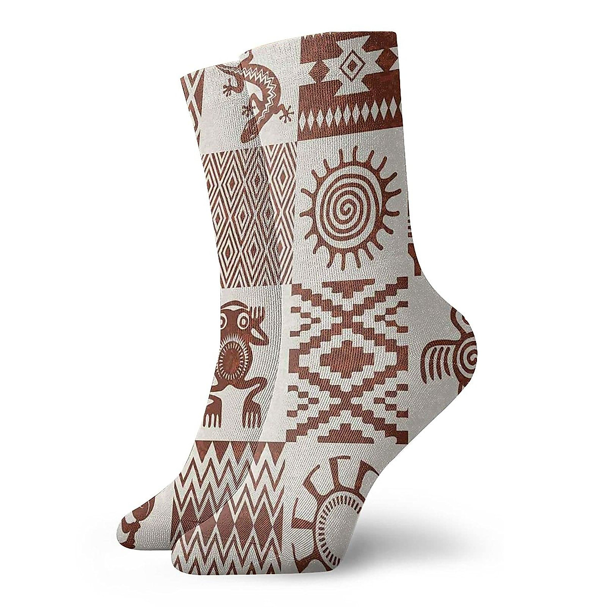 Southwestern Funny Compression Socks Women and Men,Frames With Ethnic Native American Patterns And Symbols Grunge Look,Best for Circulation,Running,Athletic,Nurse,Travel,Redwood And Eggshell -12 inch