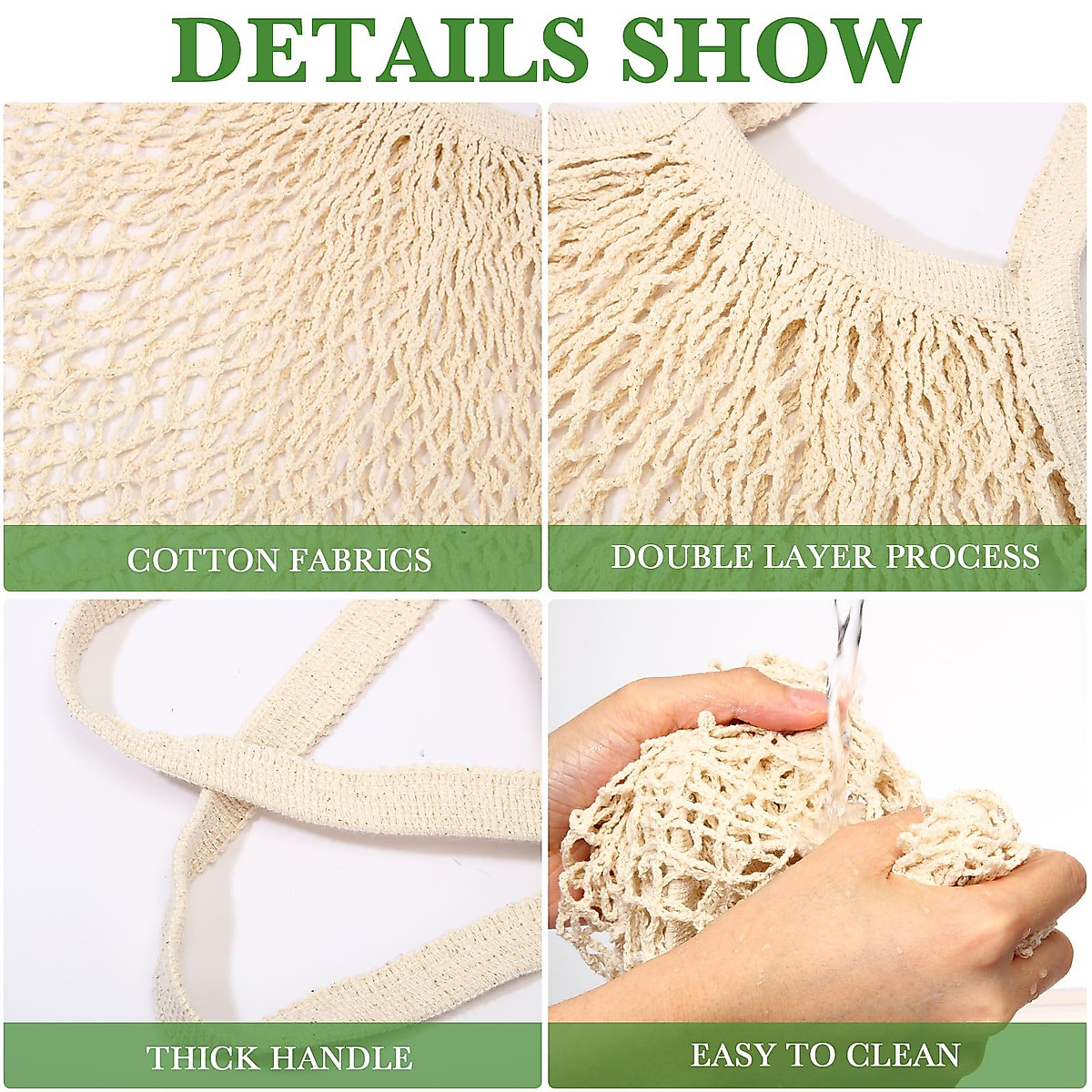 Woanger 24 Pcs Reusable Cotton Mesh Produce Shopping Bags Washable Grocery Bag Net Portable Fruit and Vegetable Bag Cotton String Bags Long Handle Net Tote Organizer (Short Handle)